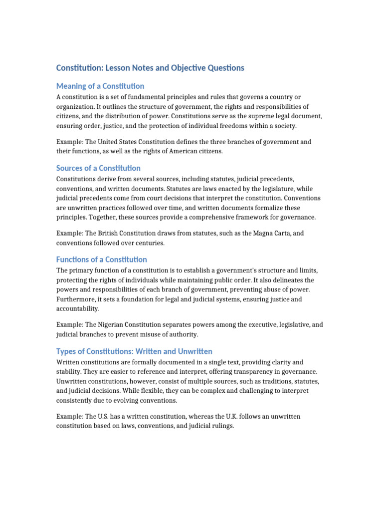 Constitution Lesson and Questions | PDF | Constitution | Separation Of ...