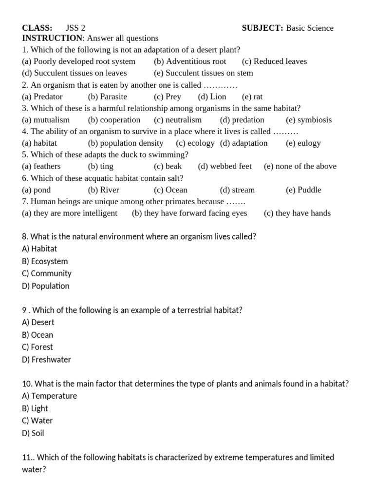 Basic Sci and Tech for JSS 2 and 3 | PDF | Adaptation | Habitat