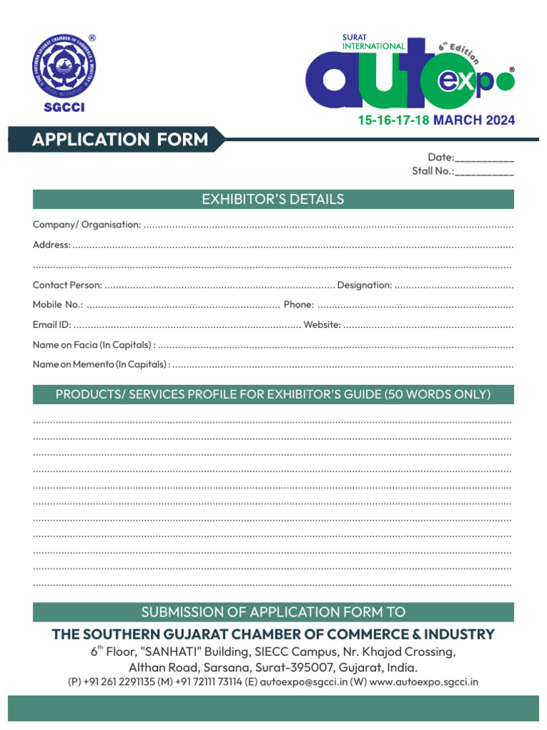 Surat Auto Expo 2024 Exhibitor Application | PDF