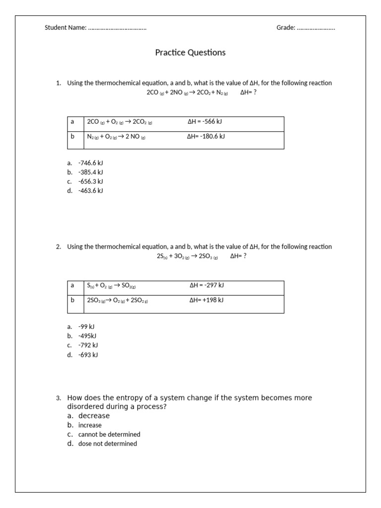 Thermochemistry Practice Questions | PDF | Activation Energy | Reaction ...