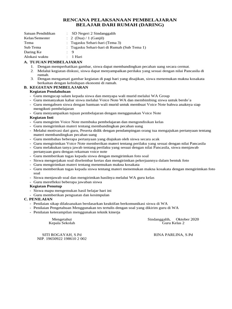 RPP Daring Kelas 2 Tema 3 | PDF