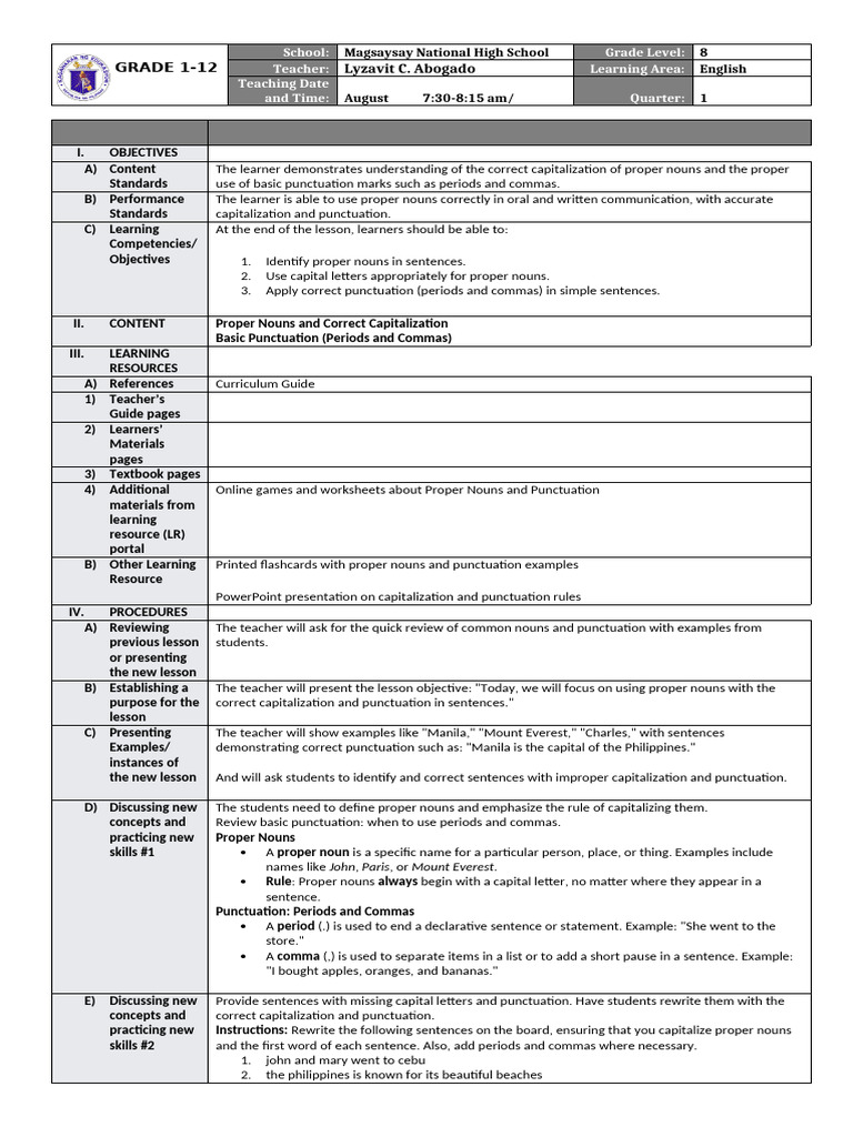Proper Nouns and Correct Capitalization Basic Punctuation (Periods and ... Proper Nouns and Correct Capitalization Basic Punctuation (Periods and ...