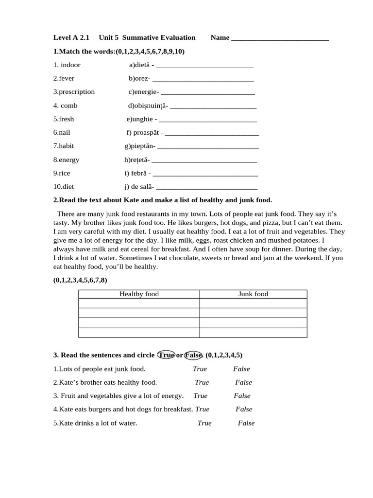 5th Form Unit 5 Summative Evaluation Name | PDF | Foods | Junk Food