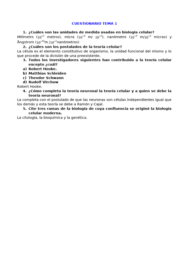 CUESTIONARIO TEMA 1 Biología Celular | PDF