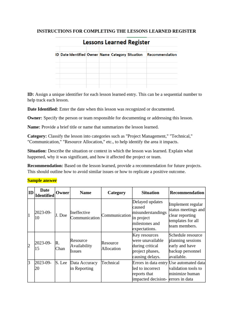 2 Guidelines For Completing The Lesson Learned Register Pdf