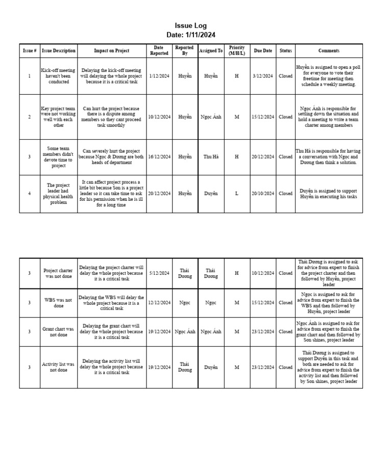 1. Issue log - Sheet1 | PDF