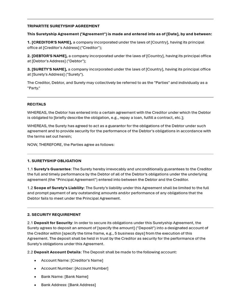 TRIPARTITE SURETYSHIP AGREEMENT (Deposit) | PDF | Guarantee | Surety