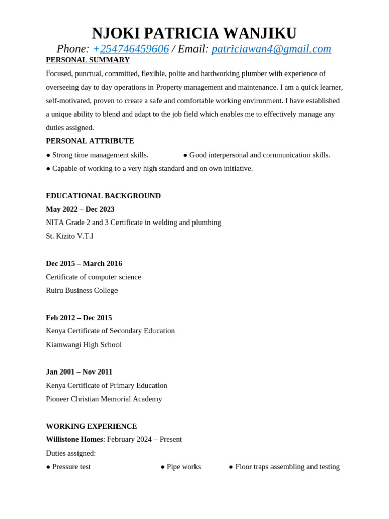 Njoki Patricia Wanjiku Curriculum Vitae | PDF