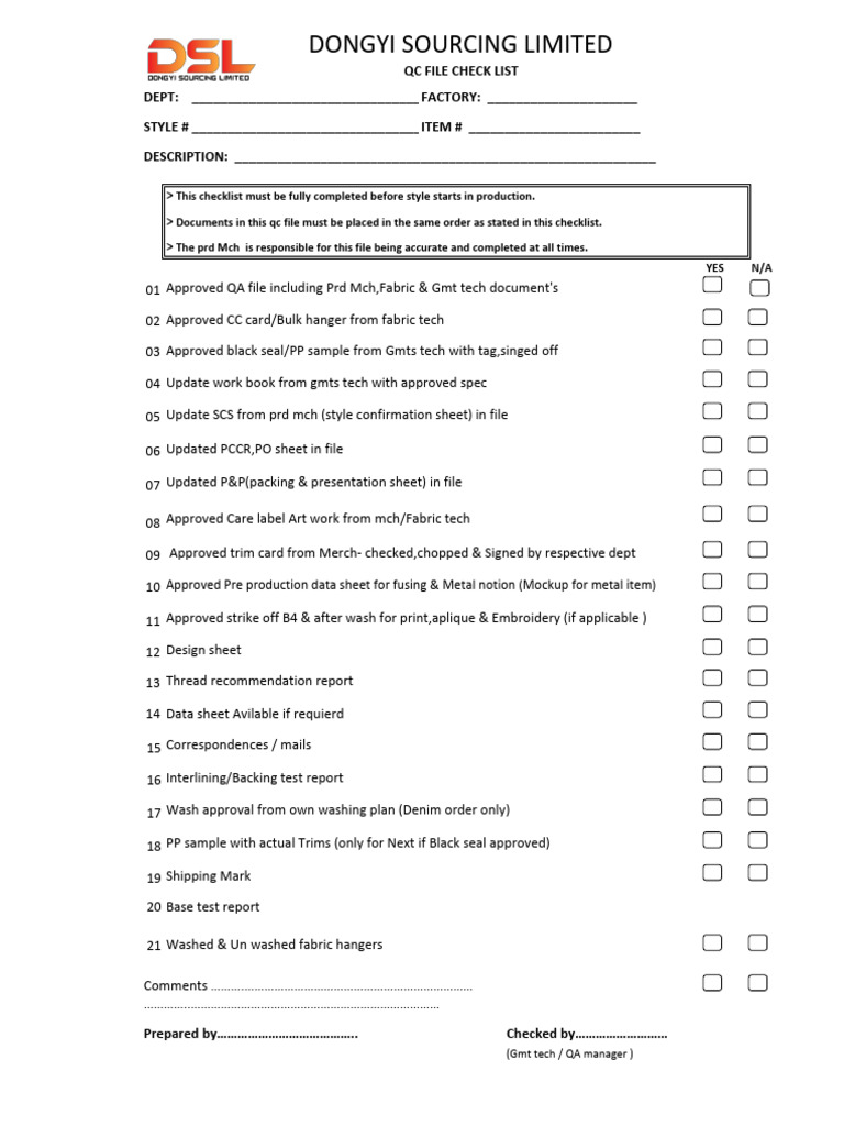 Dongyi QC File Check List | PDF