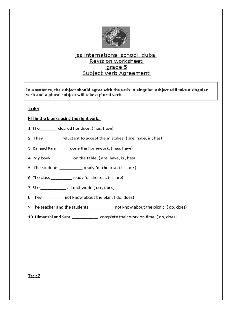 Grade 5 Subject Verb Agreement Revision Pdf Subject Grammar