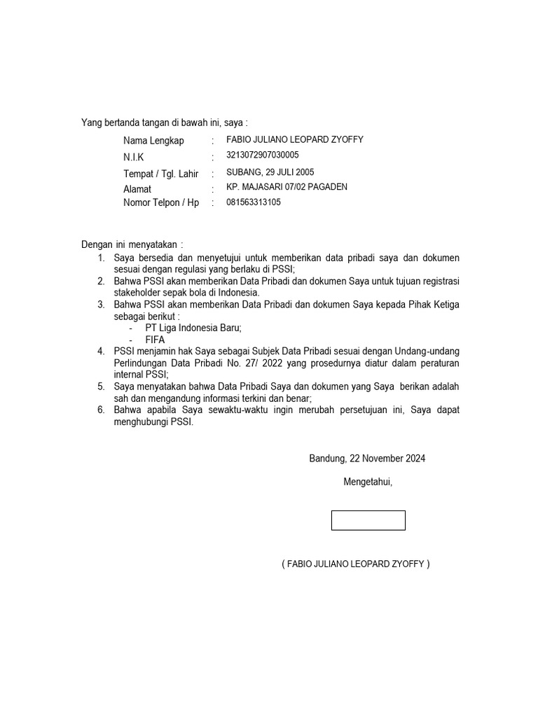 Surat Pernyataan Persetujuan Data Pribadi - Fabio | PDF