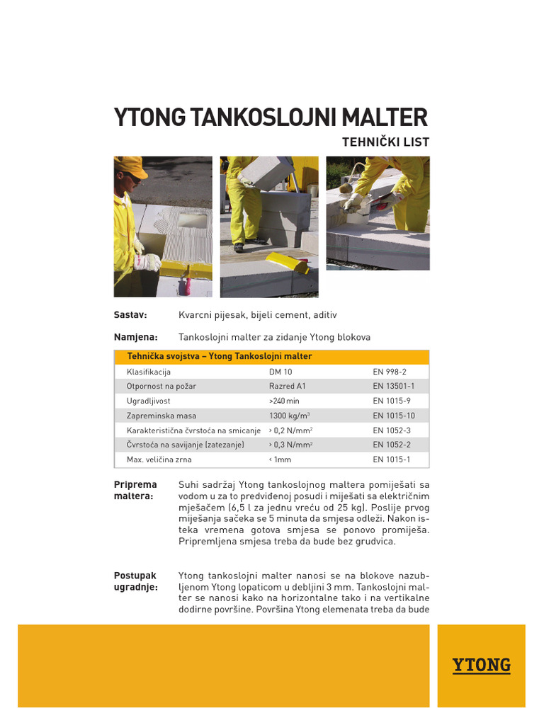 Tehnicki List Za Ytong Tankoslojni Malter | PDF