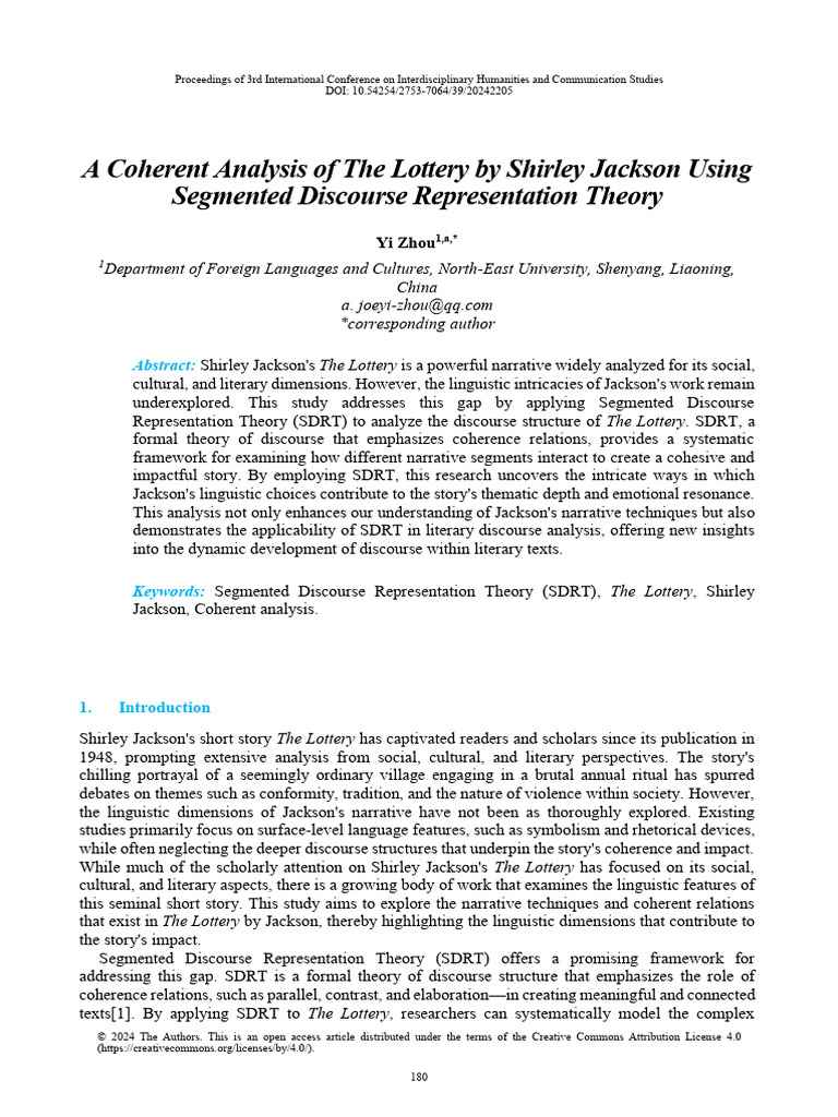 A Coherent Analysis of The Lottery by Shirley Jack | PDF | Narrative | Discourse