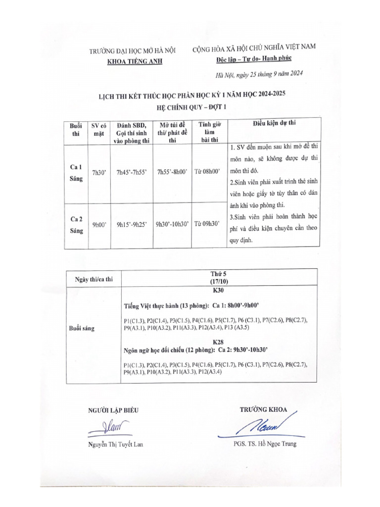 KTA. Lịch Thi KTHP Đợt 1 | PDF