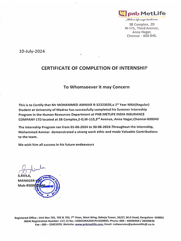 PNB MetLife Intern Certificate | PDF