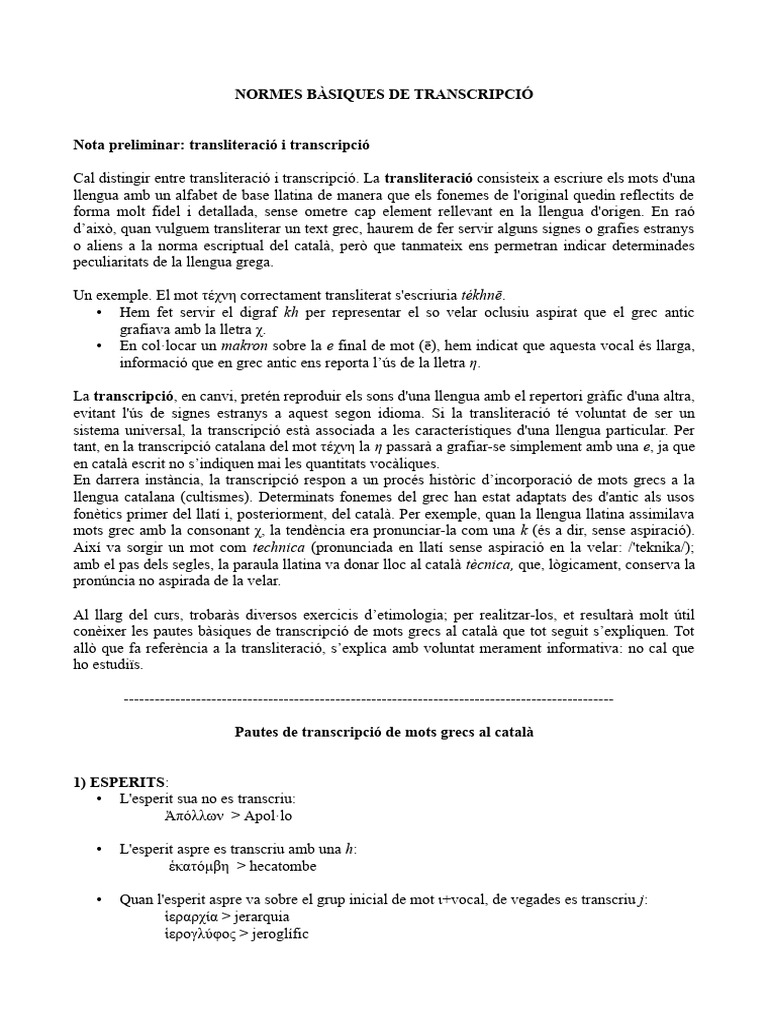 Normes Bàsiques de Transcripció Del Grec Al Català | PDF
