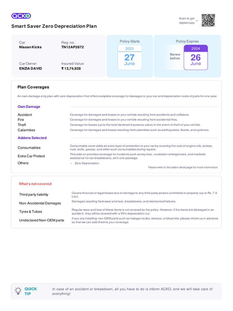 Acko Car Policy - DCOR00925043543_00 | PDF | Vehicle Insurance | Insurance