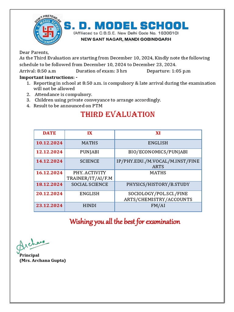 Third Evaluation Date Sheet | PDF