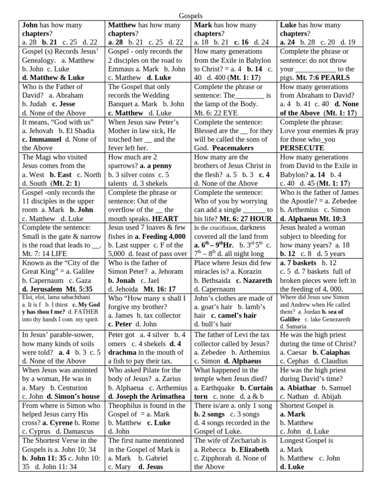 BIBLE QUIZ - GOSPELS | PDF | Jesus | Gospel Of Matthew