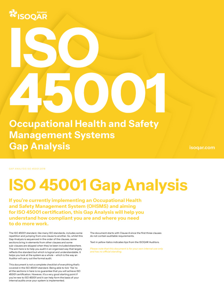 ISOQAR ISO 45001 Gap Analysis | PDF | Occupational Safety And Health ...