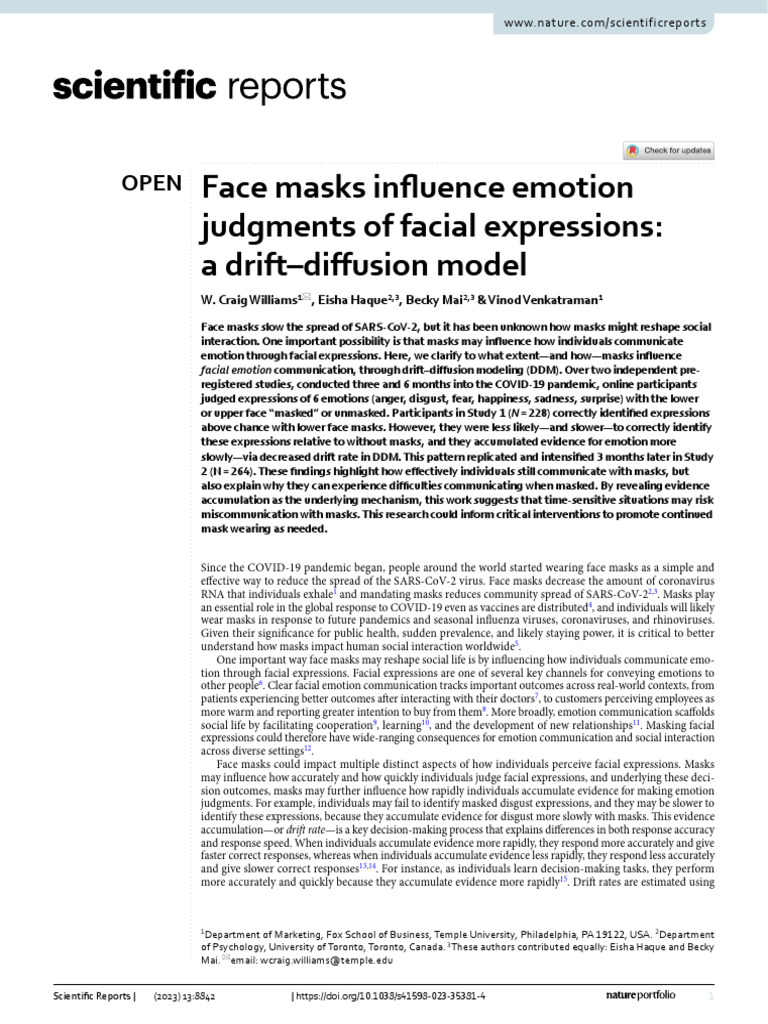 Masks Affect Emotion Recognition Speed | PDF | Emotions | Regression ...