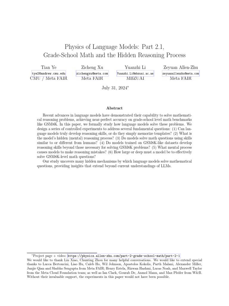 Physics of Language Models Part 2.1 Grade-School Math and The Hidden Reasoning Process | PDF ...
