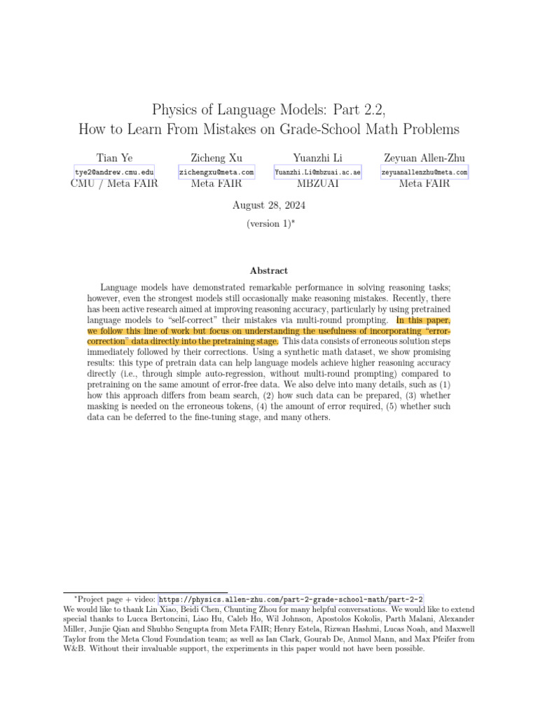 Physics of Language Models Part 2.2 How To Learn From Mistakes On Grade ...
