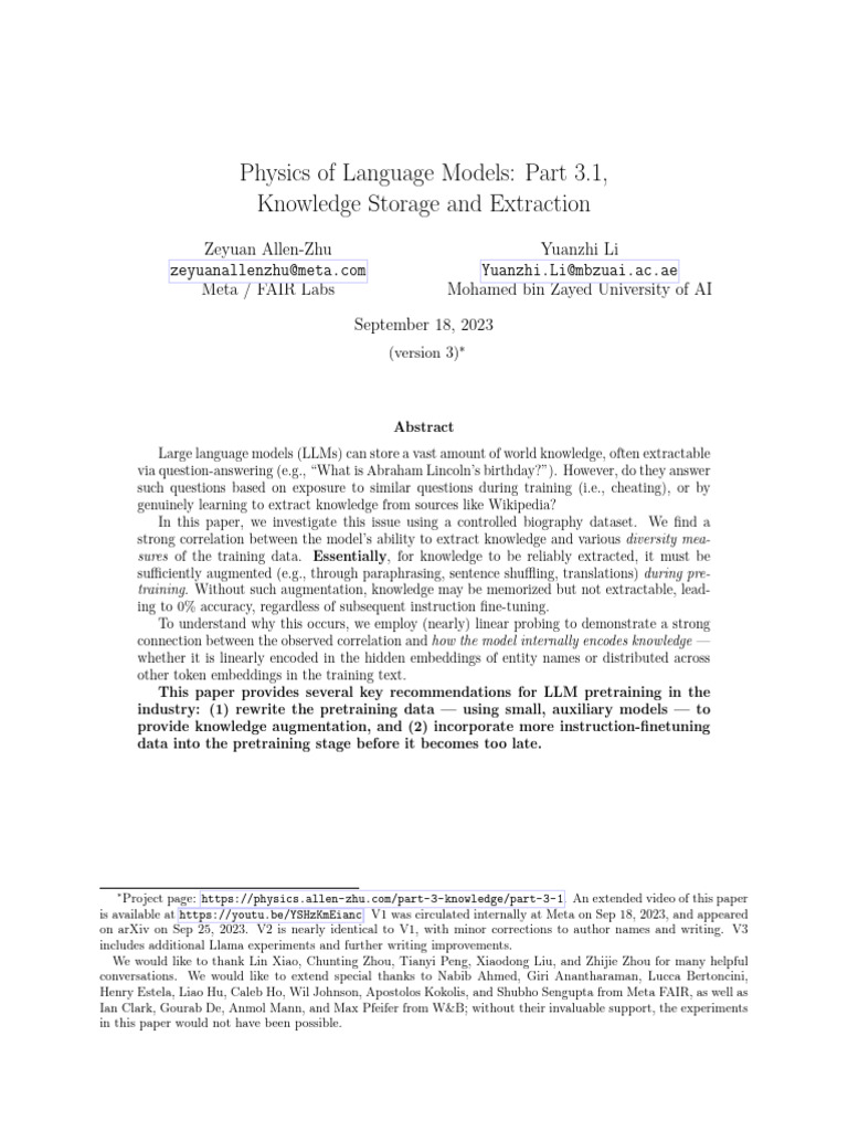 Physics of Language Models Part 3.1 Knowledge Storage and Extraction | PDF | Machine Learning