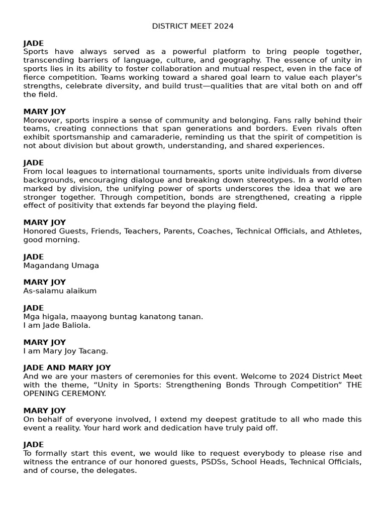 DISTRICT MEET 2024 SCRIPT | PDF