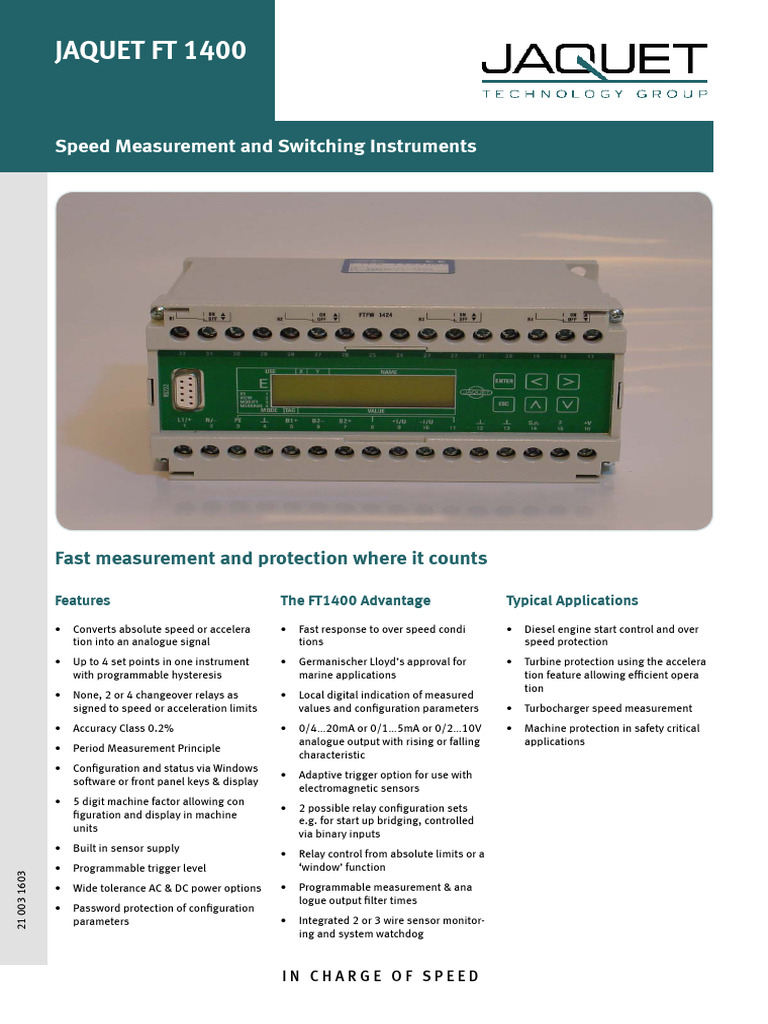 JAQUET-FT JAQUET FT 1400 Technology Data Manual | PDF | Relay | Sensor