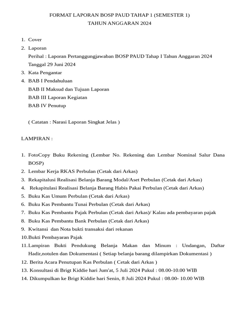 Format Laporan Bosp Paud Tahap 1 Tahun Anggaran 2024 | PDF