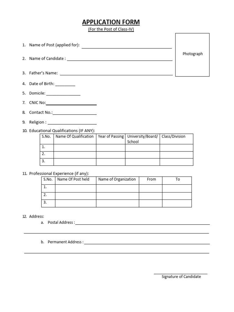 Application Form Class IV | PDF