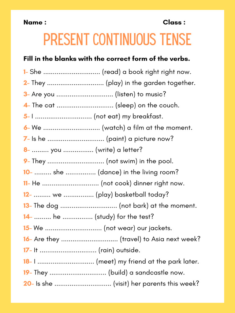 Present Continuous Tense Worksheet in Orange Yellow Basic Style | PDF