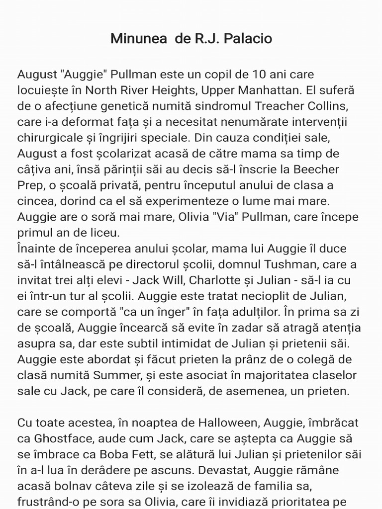 Minunea - de R J Palacio 241024 - 191419 | PDF