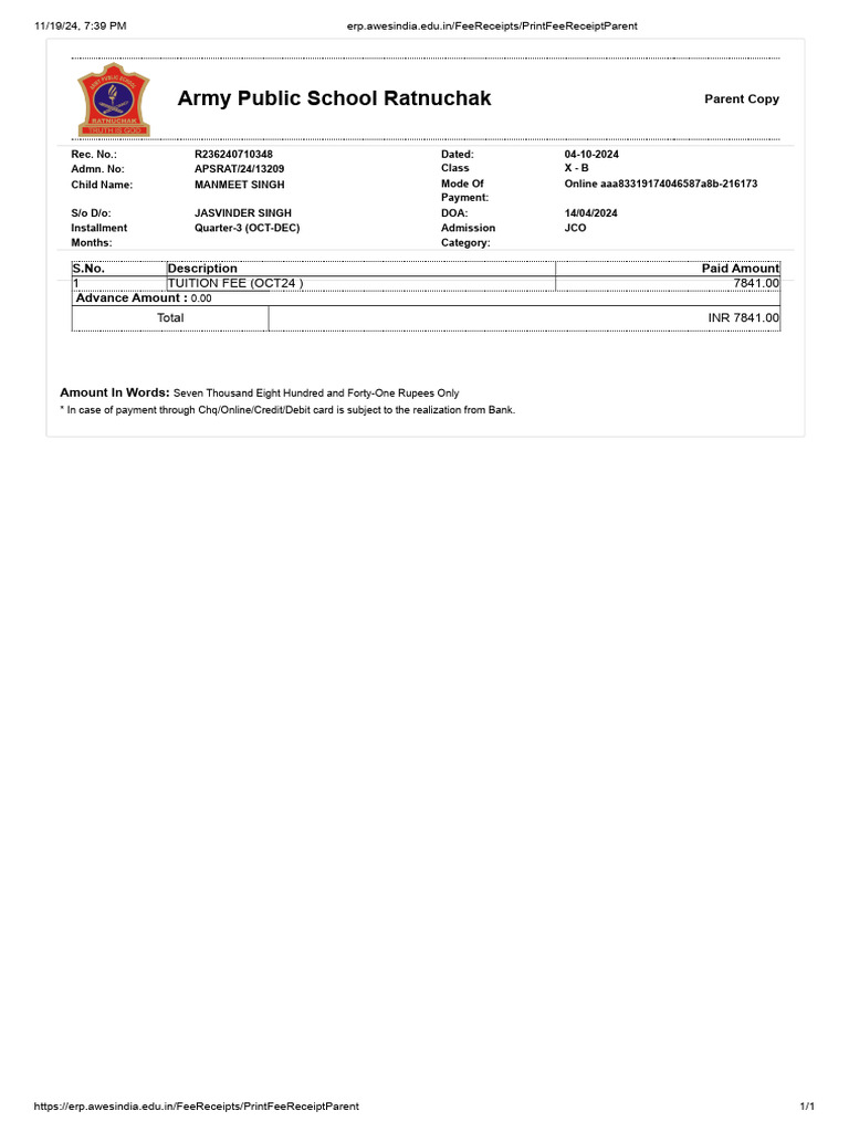 Fee Receipt for Manmeet Singh - 7841 INR | PDF