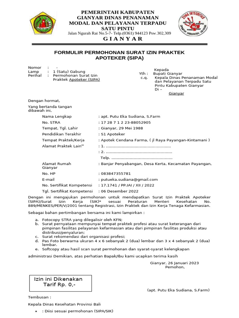 Blanko Izin Praktek Apoteker (Sipa) | PDF
