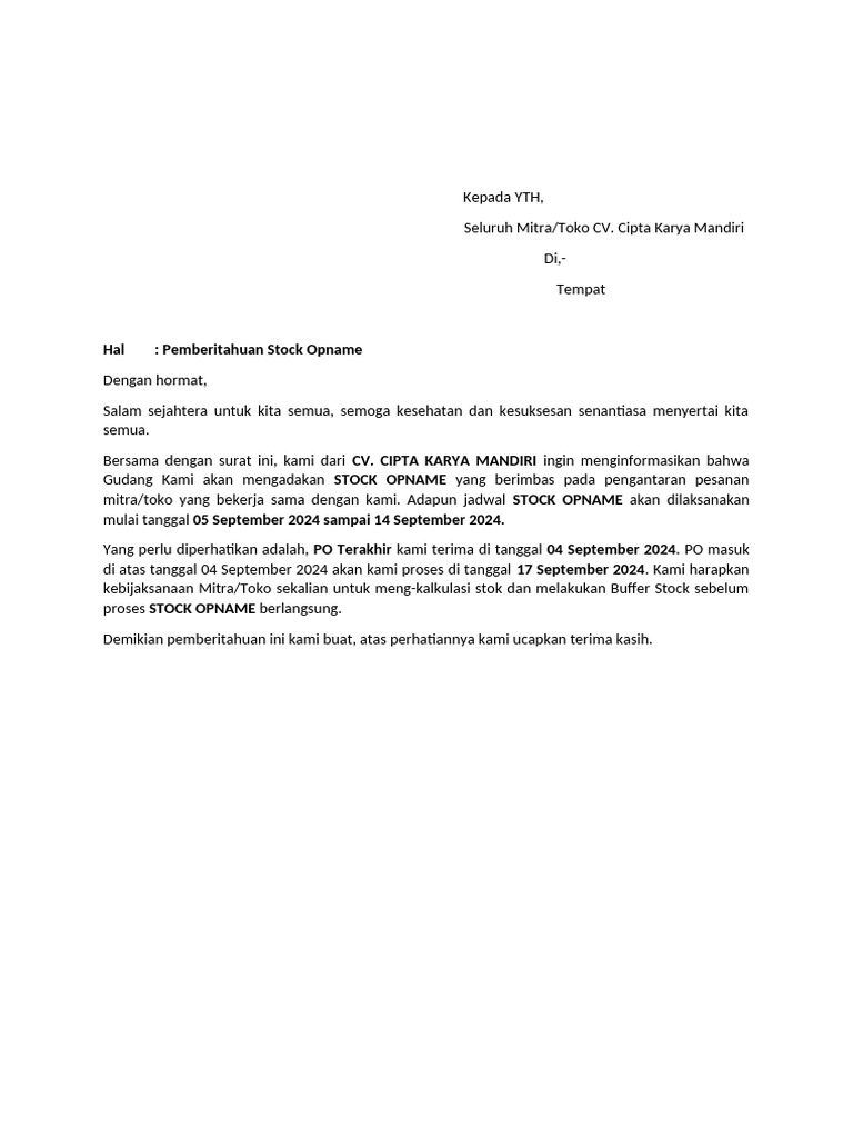 Pemberitahuan Stock Opname | PDF