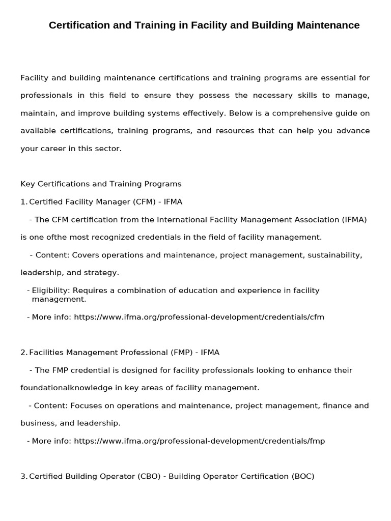 Facility and Building Maintenance Certification and Training | PDF