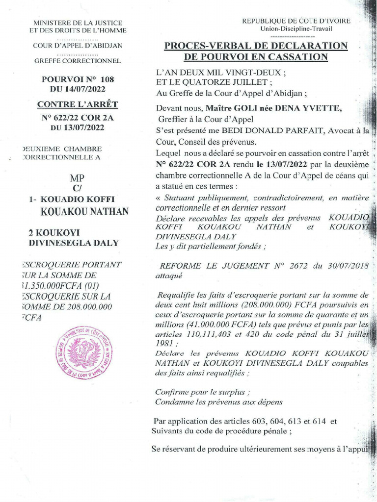 Declaration de Pourvoi Ne Cassation Aff Koukoyi_0001 | PDF