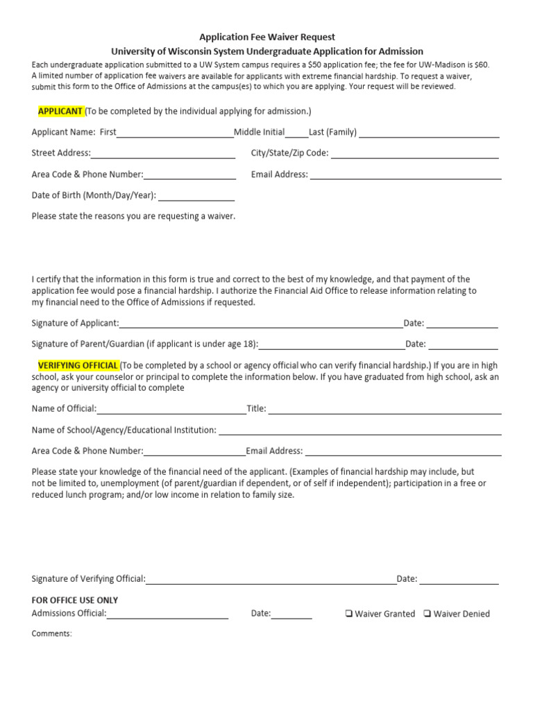 UW-Madison Application Fee Waiver Form | PDF | University Of Wisconsin ...