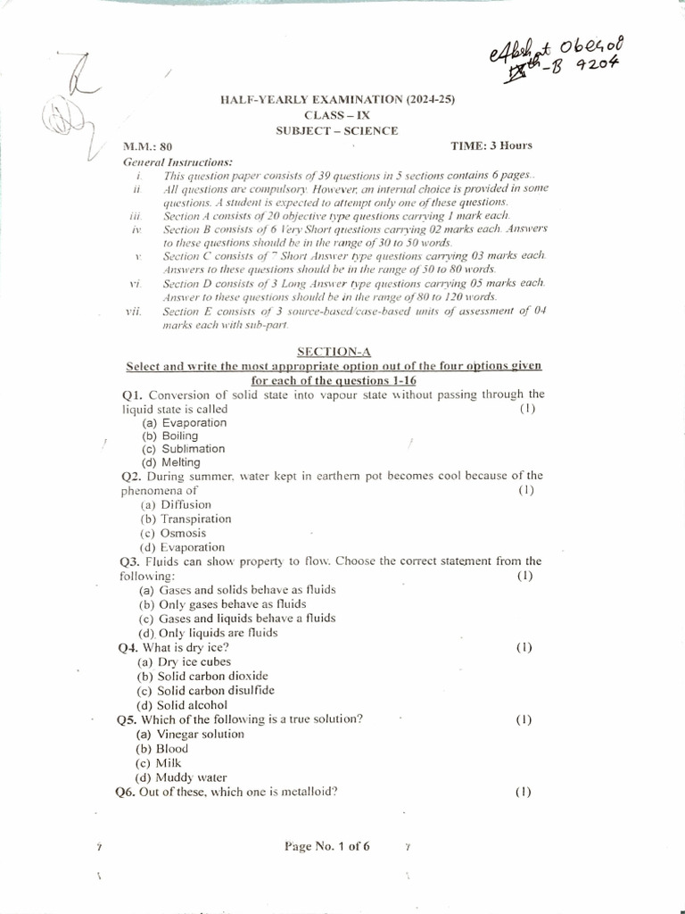 SMJPS Half Yearly Science Question Paper | PDF | Force | Gravity