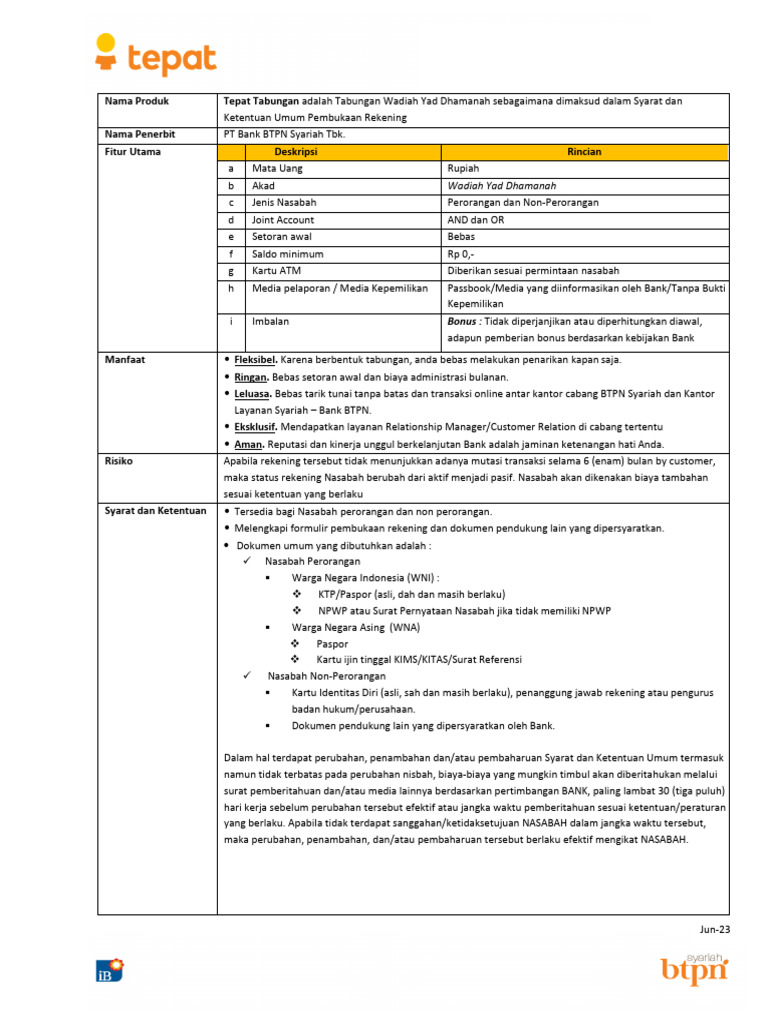Ringkasan Informasi Produk Tepat Tabungan 2023-Jun | PDF