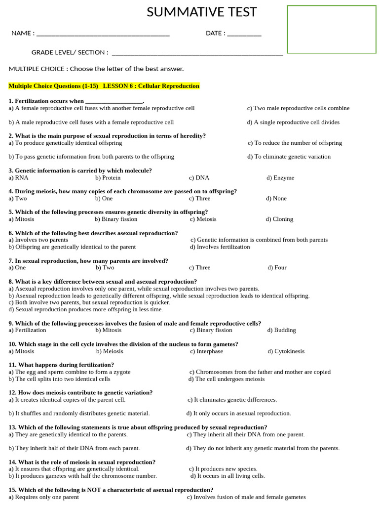 SUMMATIVE TEST 5 AND 6 | PDF | Sexual Reproduction | Reproduction