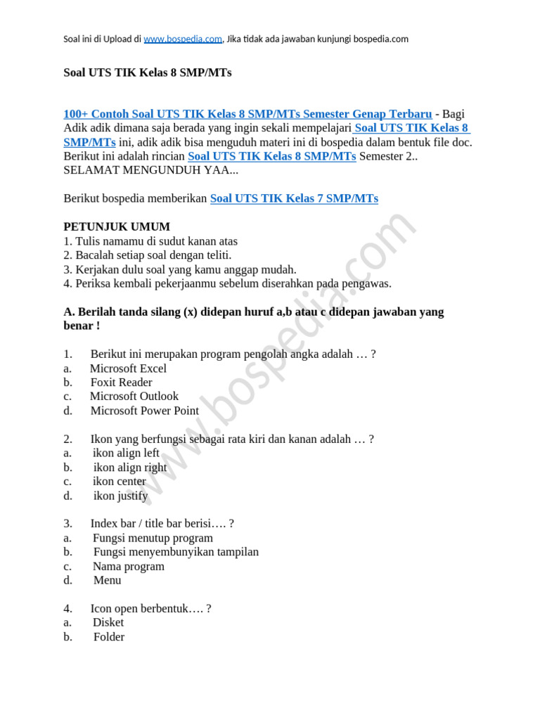 Soal UTS TIK Kelas 8 SMP/MTs | PDF