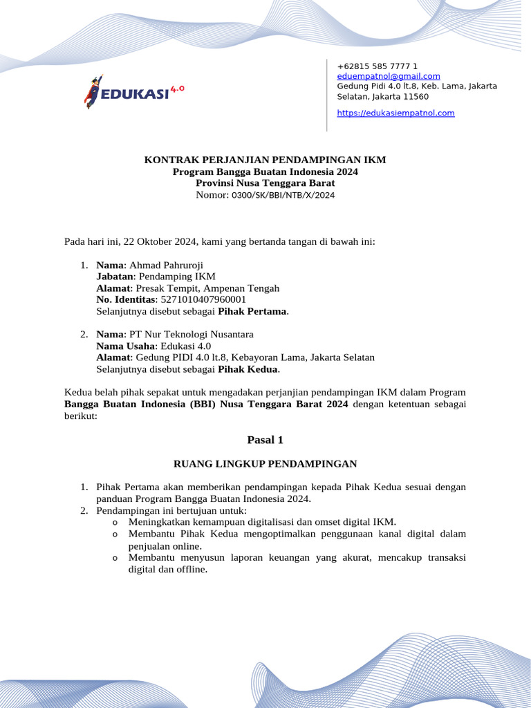 Kontrak Kepala Pendamping Ikm Bbi Ntb | PDF