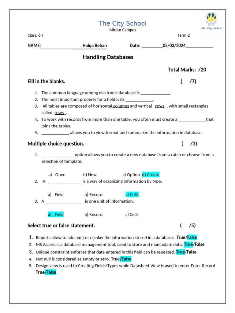 Database Fundamentals Worksheet | PDF | Relational Database | Databases
