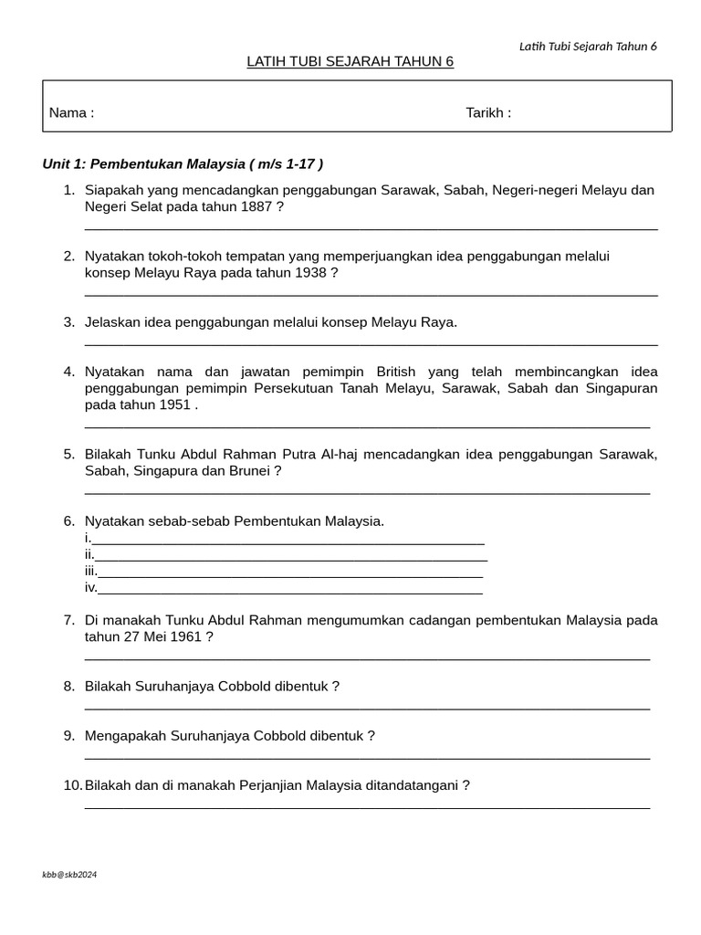 Latih Tubi Sejarah Tahun 6 | PDF