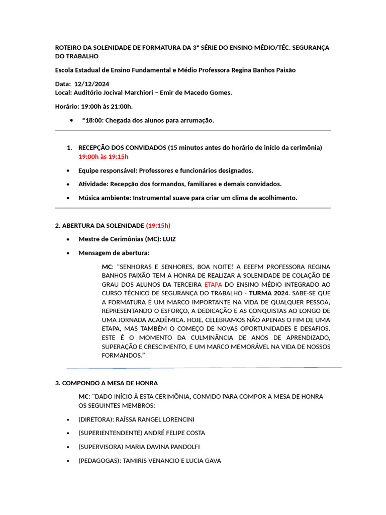 ROTEIRO DA SOLENIDADE DE FORMATURA DA 3ª SÉRIE DO ENSINO MÉDIO | PDF
