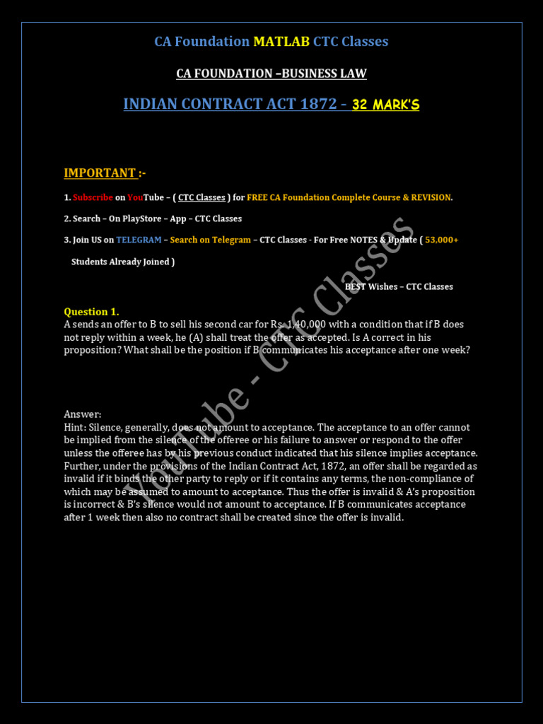 L 1 Case Study Practice Quesdtions I ICA 1872 I CTC Classes | PDF | Offer And Acceptance | Law ...