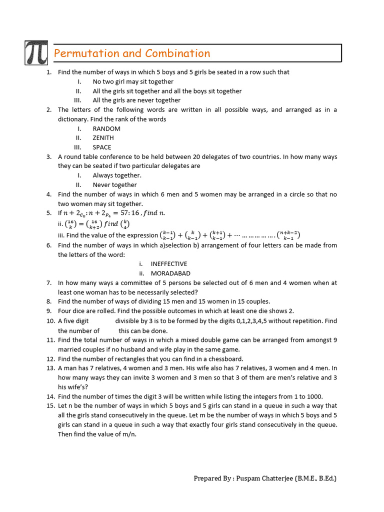 Assignment On Permutation and Combination | PDF | Discrete Mathematics | Mathematics